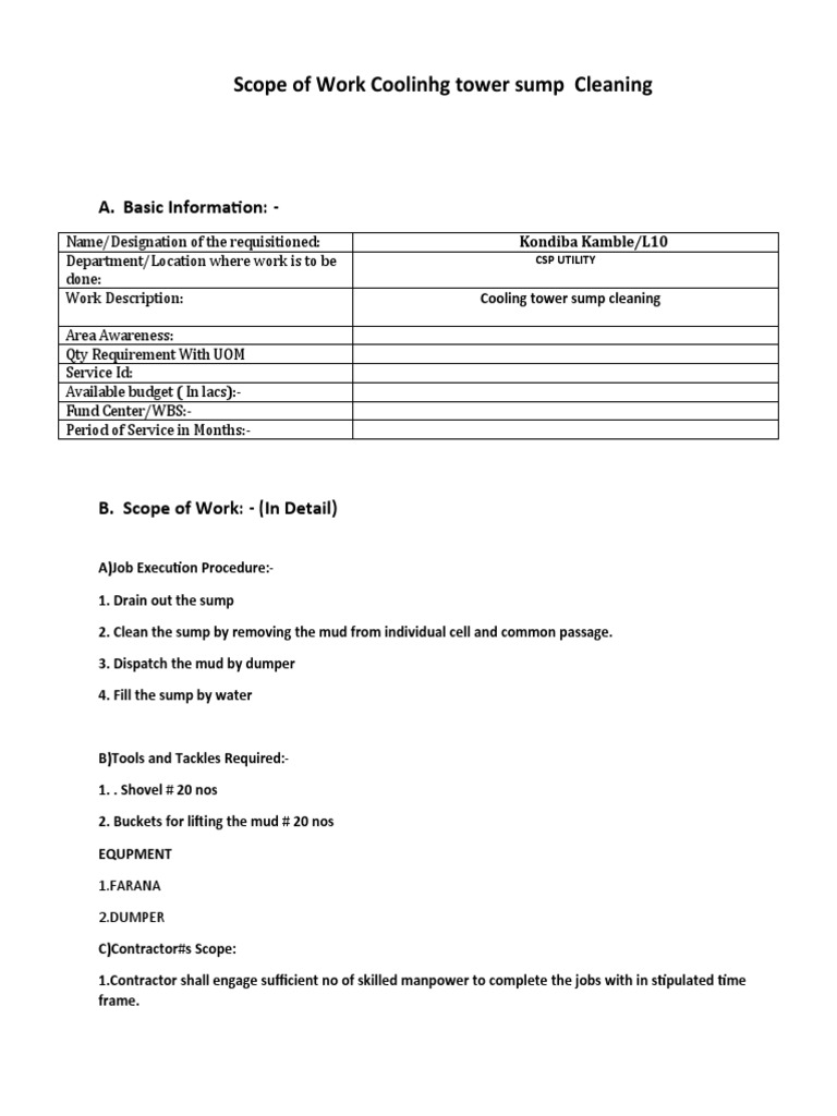 SCOPE OF WORK For Cooling Tower Sump CLEANING | PDF | Employment ...
