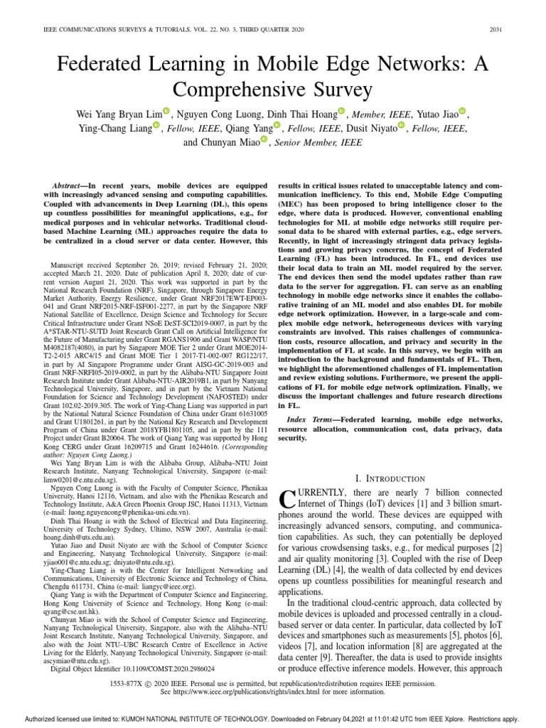 Federated Learning in Mobile Edge Networks: A Comprehensive Survey | PDF | Deep Learning | Cloud ...