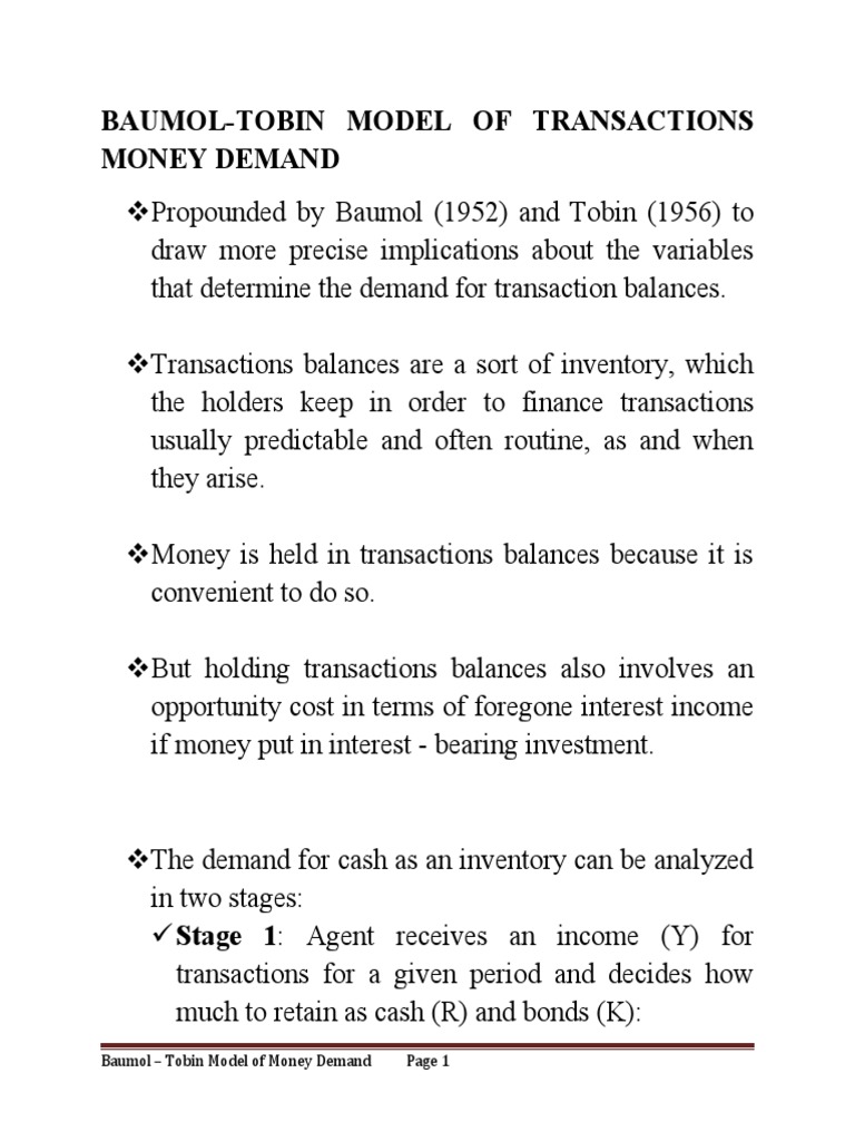 Baumol - Tobin Model of Money Demand | PDF | Demand For Money ...