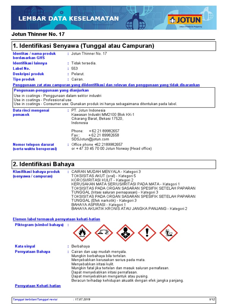 MSDS Thinner No 17 | PDF