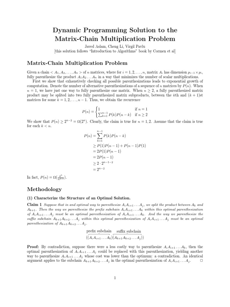 Dynamic Programming Solution To The Matrix Chain Multiplication Problem Pdf Matrix
