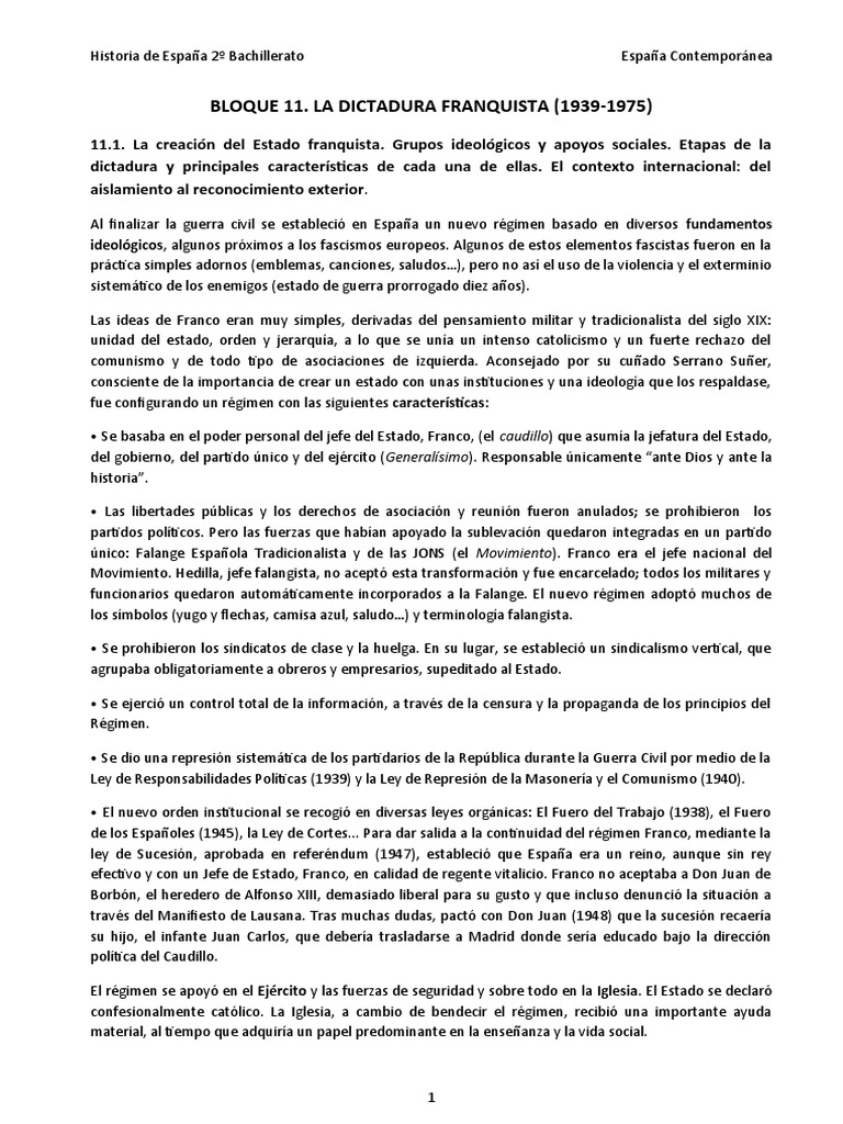 Bloque 11. La Dictadura Franquista (1939-1975) | PDF | Francisco franco | España franquista