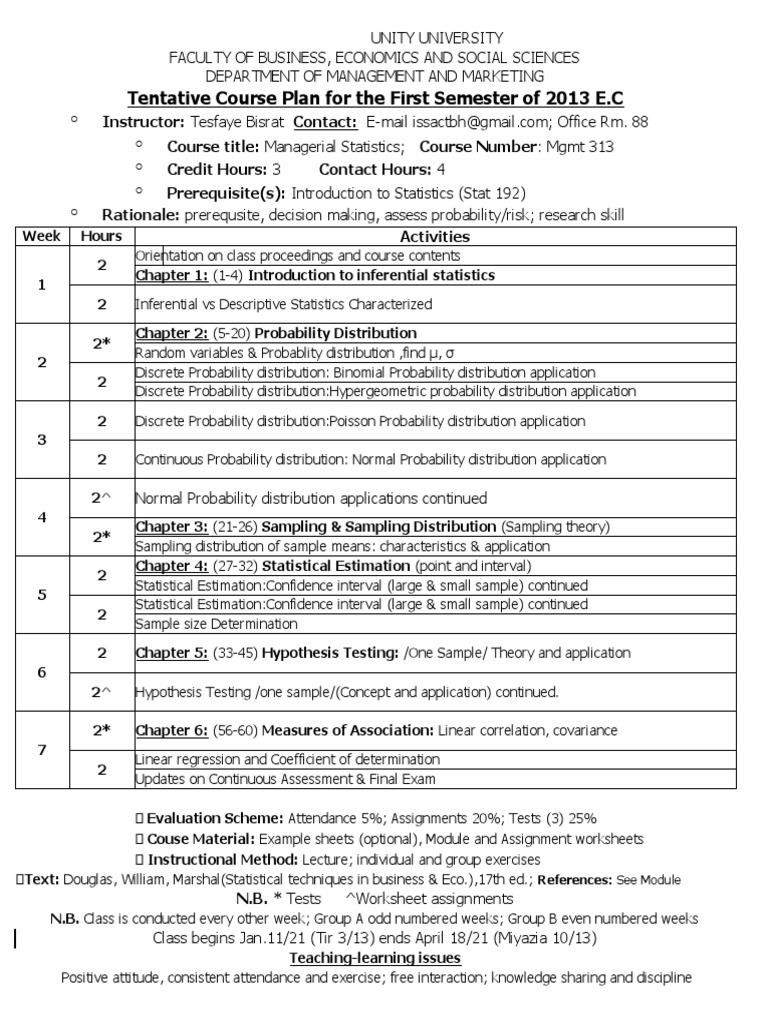 Tentative Course Plan For The First Semester of 2013 E.C | PDF ...