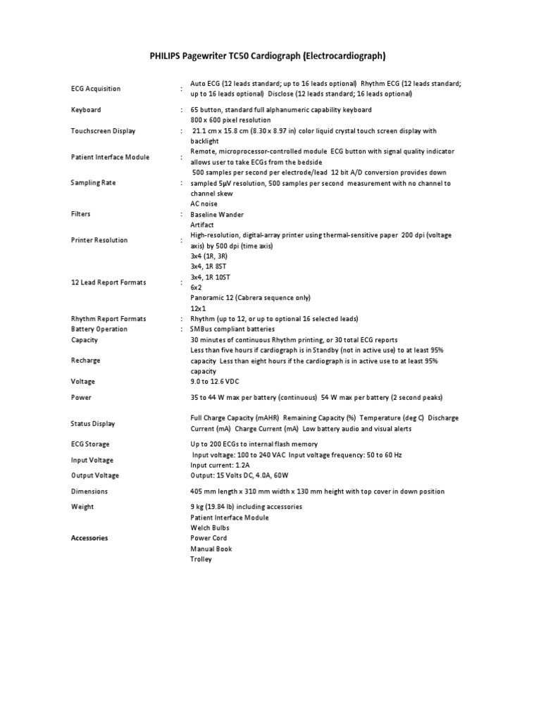 PHILIPS Pagewriter TC50 Cardiograph (Electrocardiograph) - TDS | PDF ...