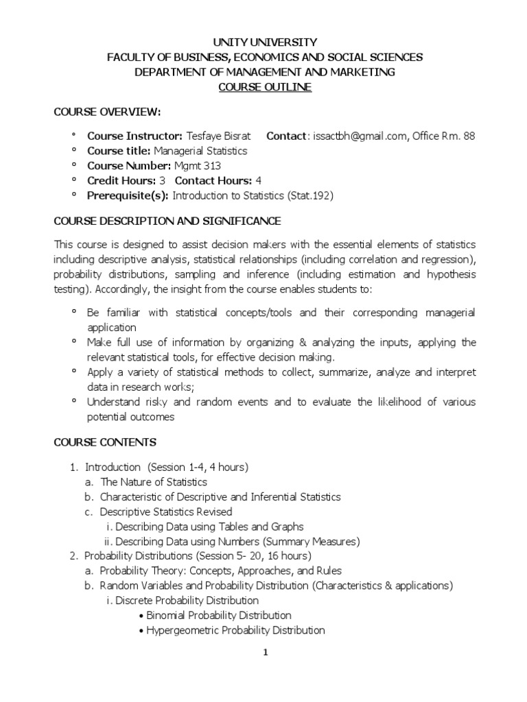 New Course Outline Managerial Statistics-1 | PDF | Probability Distribution | Statistics