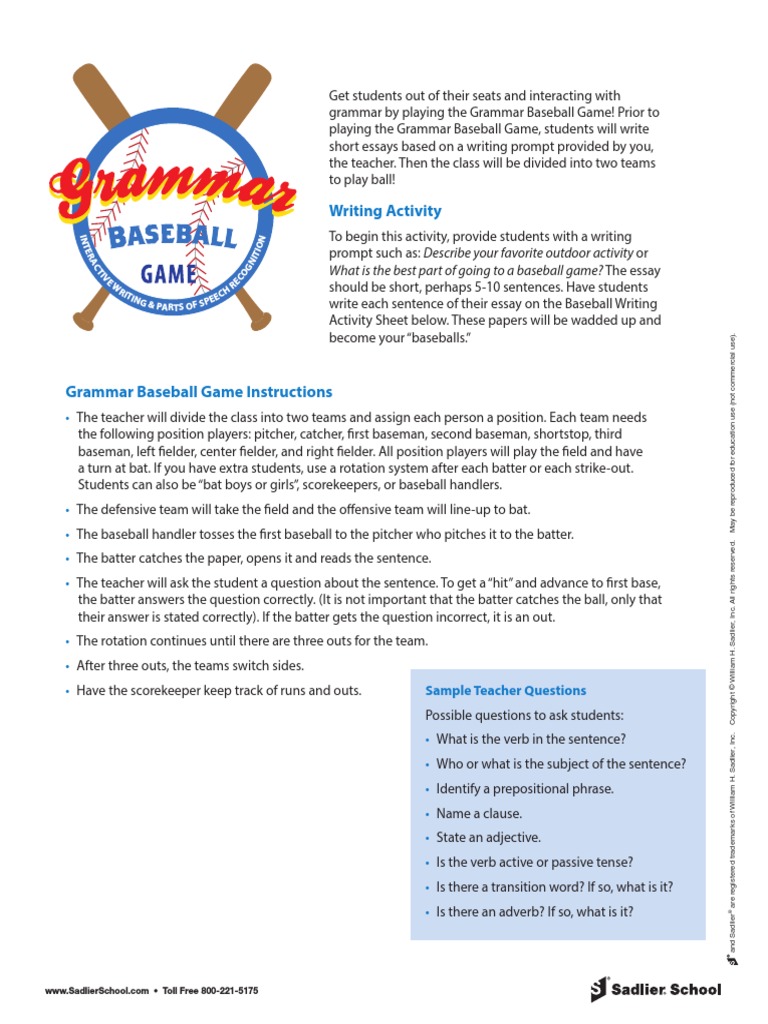 Grammar Baseball Game | PDF | Pitcher | Verb