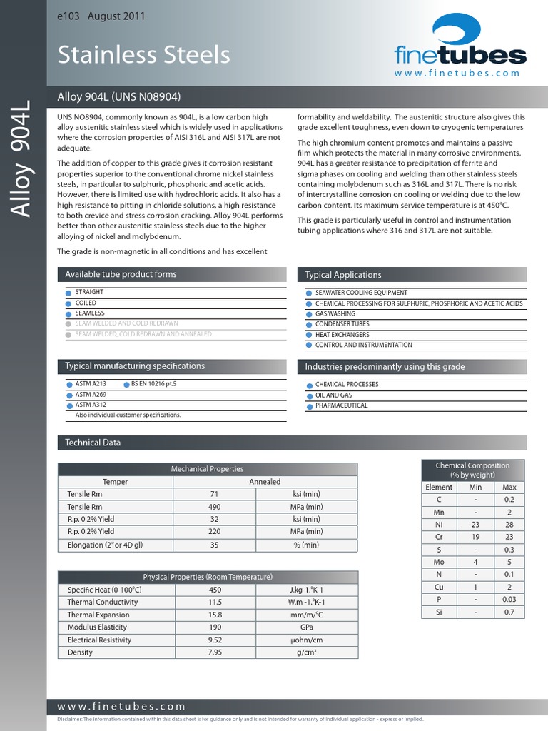 Stainless Steels: Alloy 904L (UNS N08904) | PDF | Stainless Steel | Steel