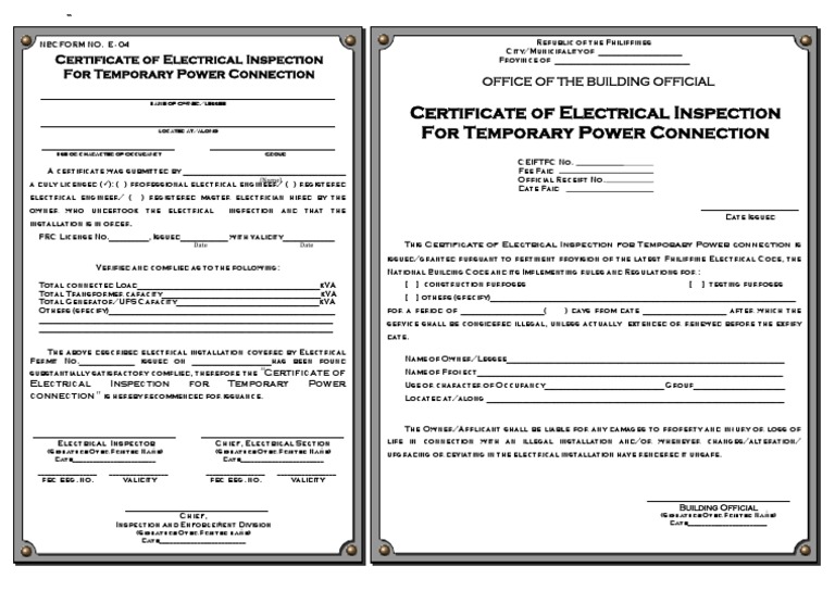 Certificate of Electrical Inspection For Temporary Power Connection ...