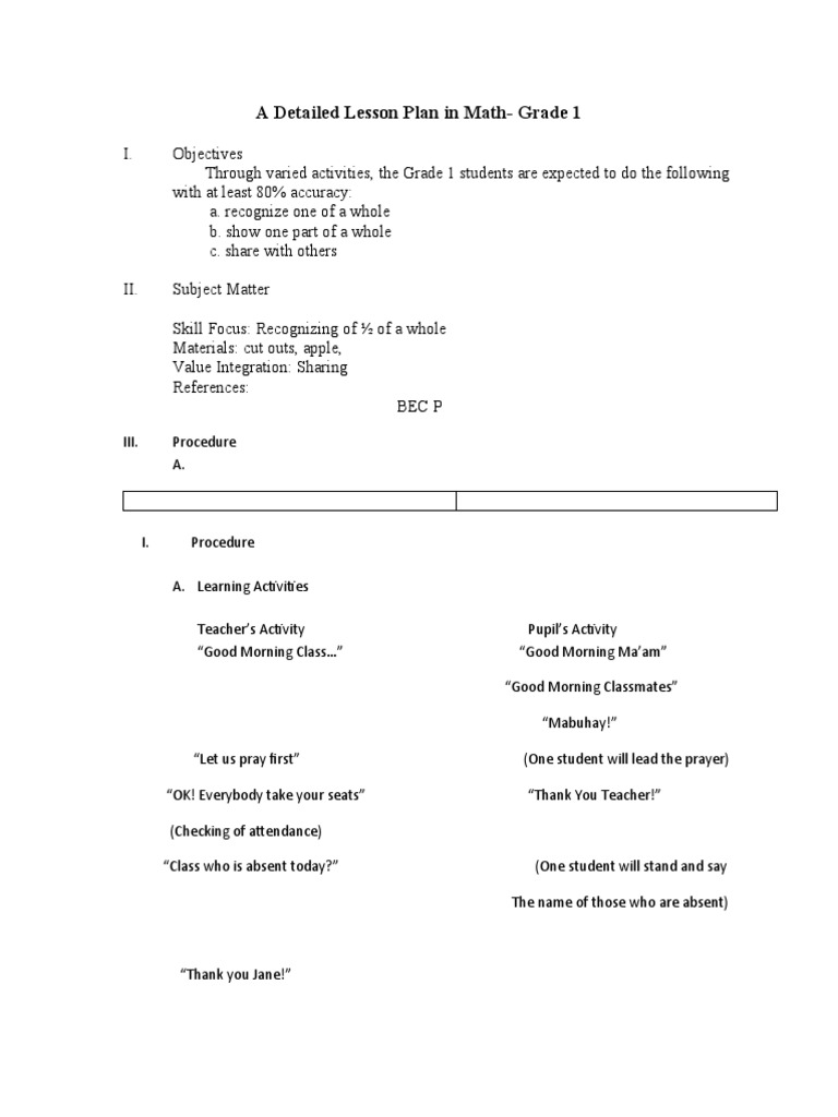 A Detailed Lesson Plan in Math-Grade 1 | PDF | Lesson Plan | Pedagogy