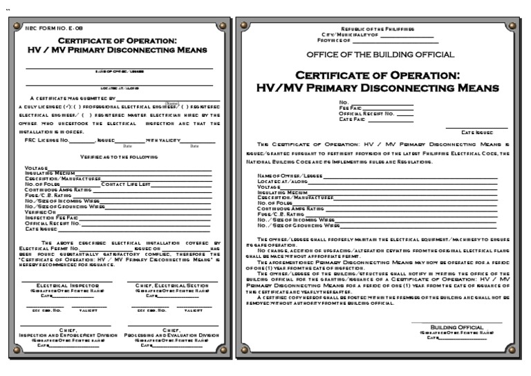 Certificate of Operation HV-MV Primary Disconnecting Means | PDF ...