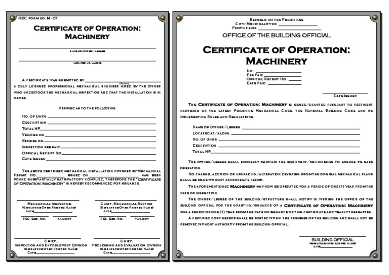 Certificate of Operation for Machinery | PDF | Government | Justice