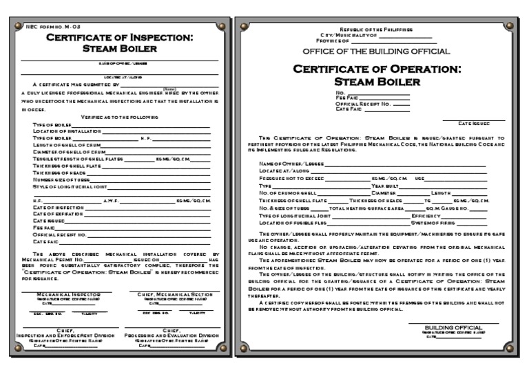 Certificate of Operation Steam Boiler | PDF | Boiler | Nature