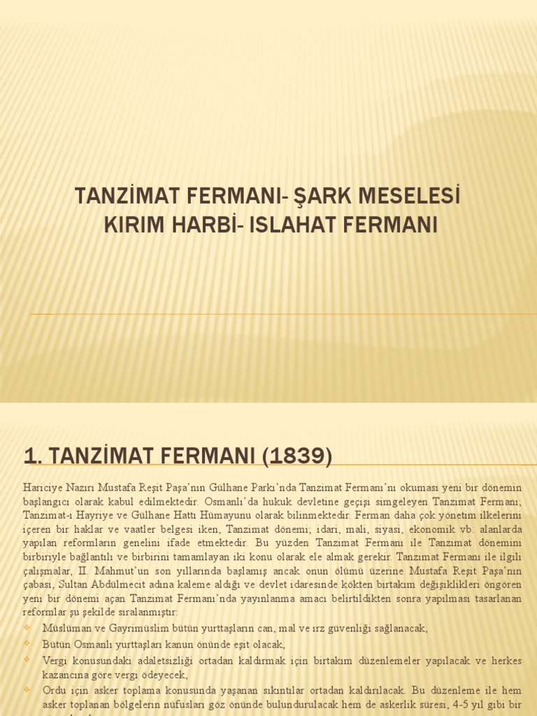 Hafta - Tanzimat Fermanı-Şark Meselesi - Kırım Harbi - Islahat Fermanı ...