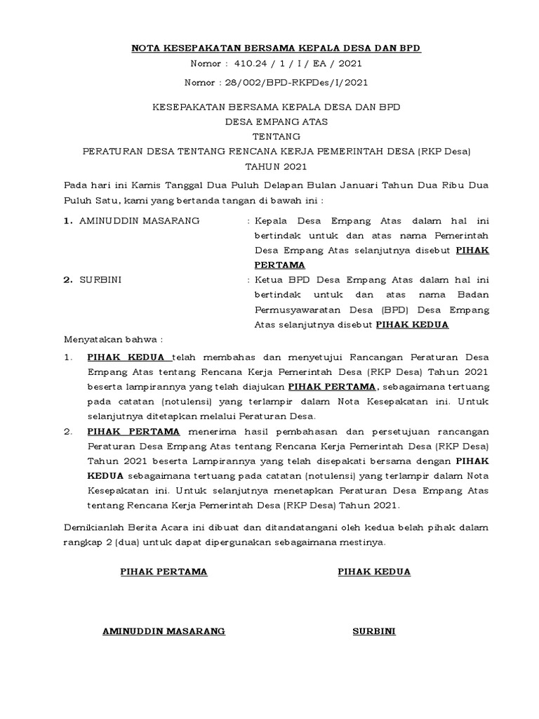 Nota Kesepakatan Bersama Kepala Desa Dan BPD TTG Perdes RKP Desa 2020 | PDF