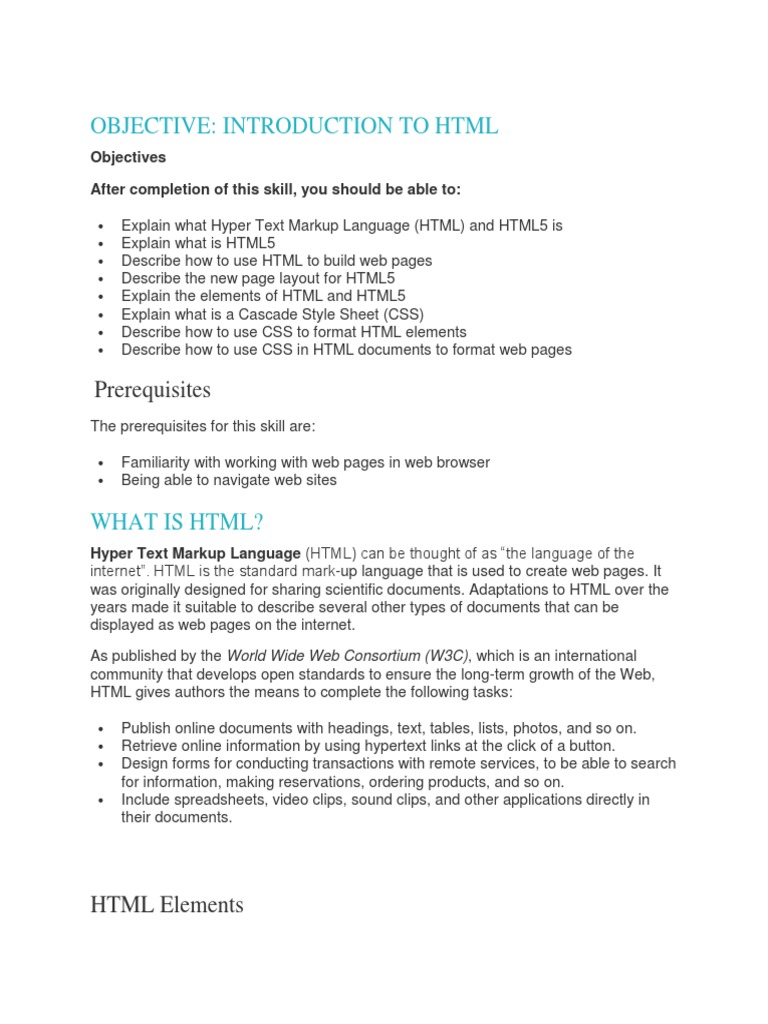 Objective: Introduction To HTML: Prerequisites | PDF | Html5 | Html