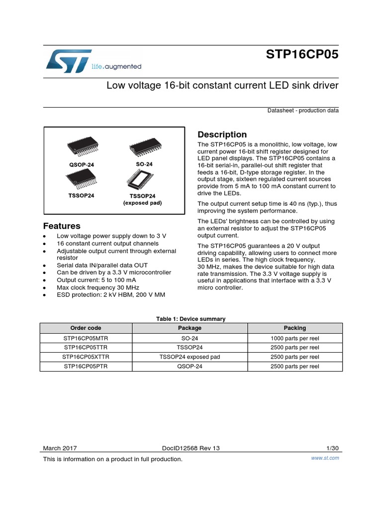 STP16CP05: Low Voltage 16-Bit Constant Current LED Sink Driver | PDF ...
