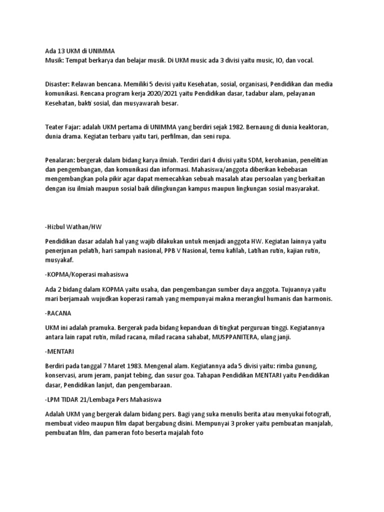 UKM Populer di UNIMMA: Musik, Teater, dan Lainnya | PDF