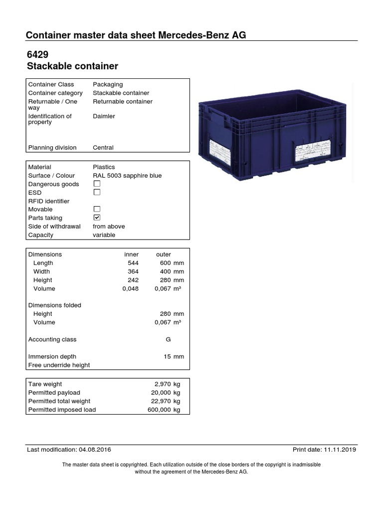 Container 6429 Master Data Sheet | PDF
