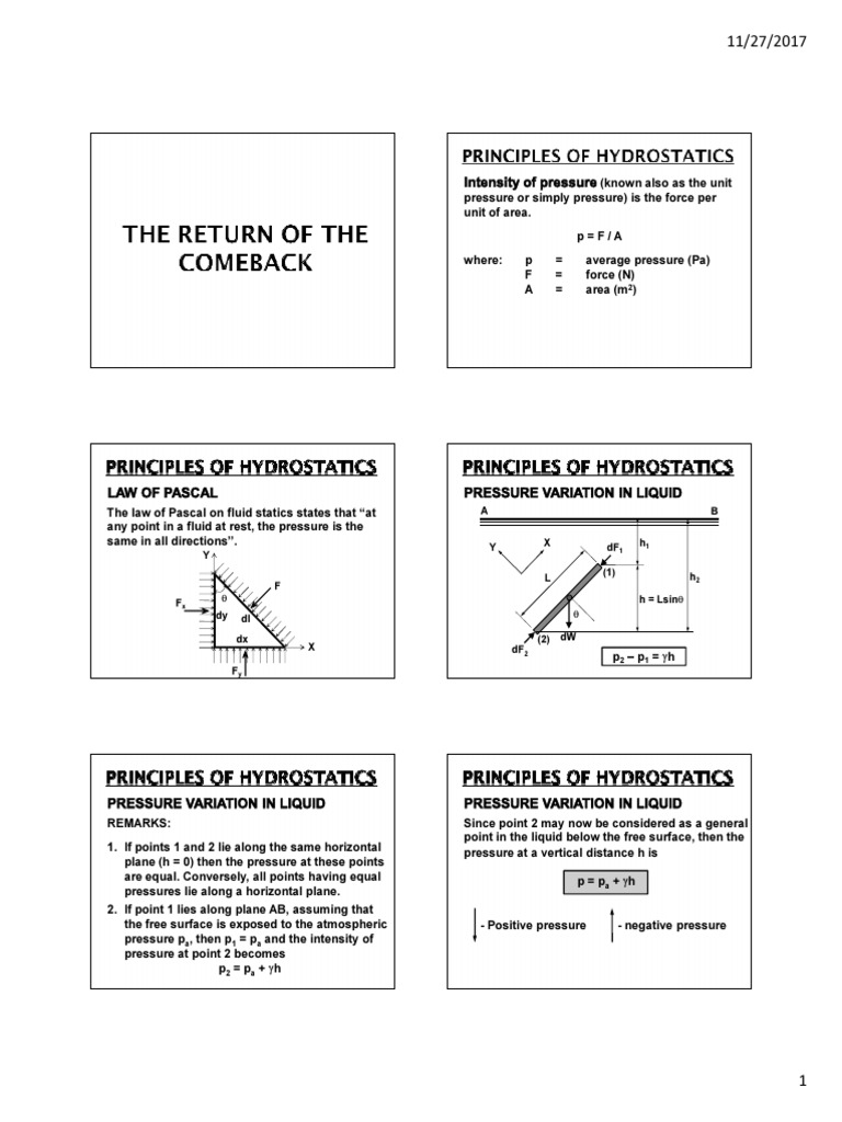 Fluid Mech Lecture Part 2 Principles of Hydrostatics | PDF | Pressure Measurement | Pressure