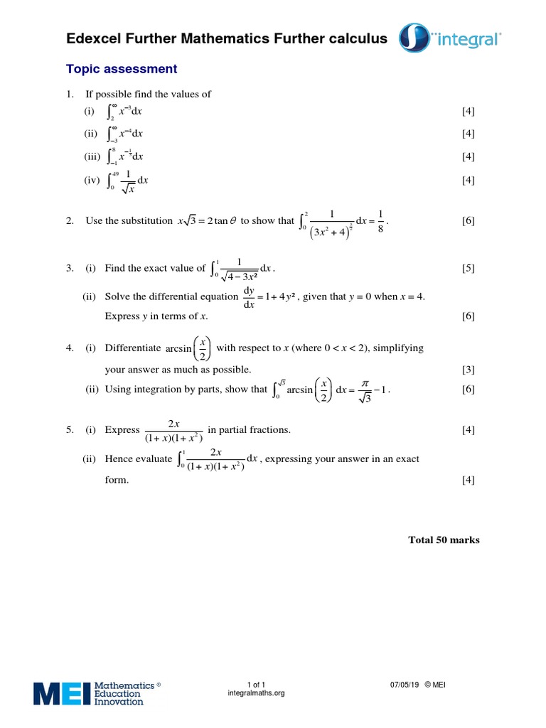 Edexcel Further Mathematics Further Calculus: Topic Assessment | PDF ...
