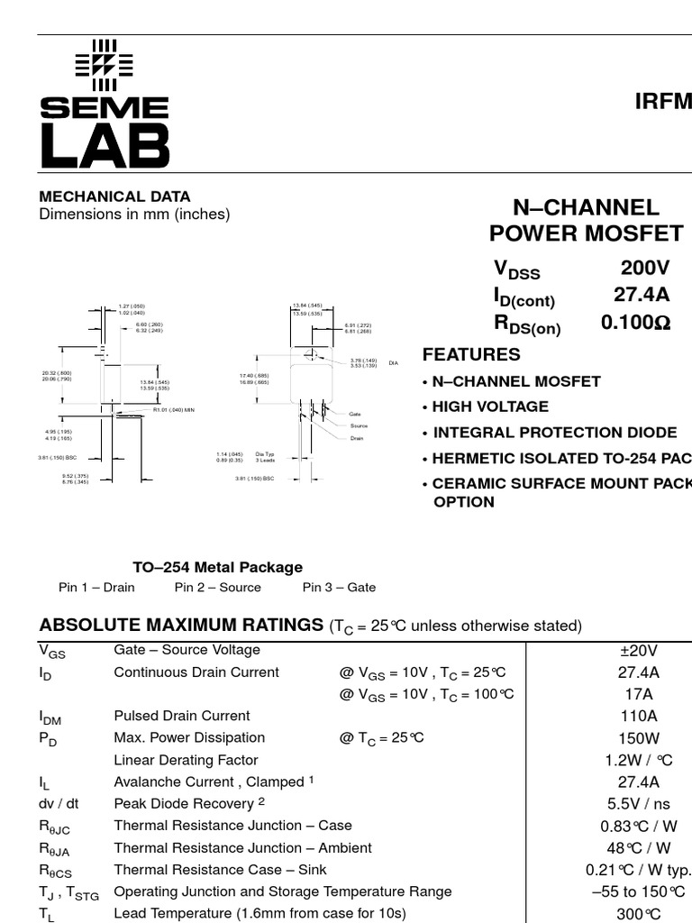 V 200V I 27.4A R 0.100: Features | PDF | Electrical Resistance And ...