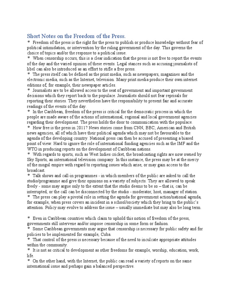 Short Notes On The Freedom of The Press | PDF | Freedom Of The Press | News