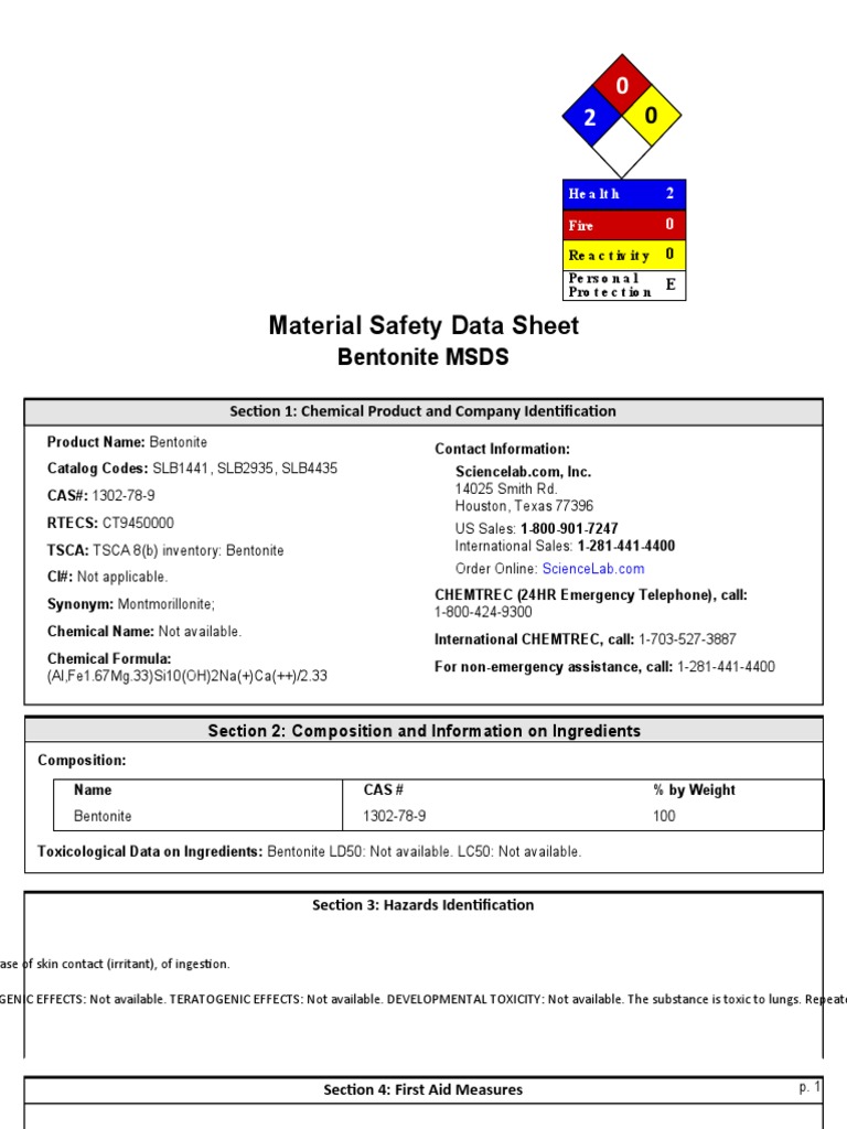 Bentonite MSDS: Section 1: Chemical Product and Company Identification ...