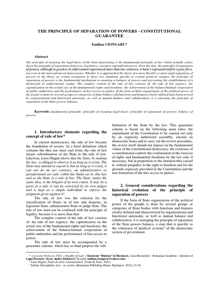The Principle of Separation of Powers - Constitutional Guarantee | PDF ...