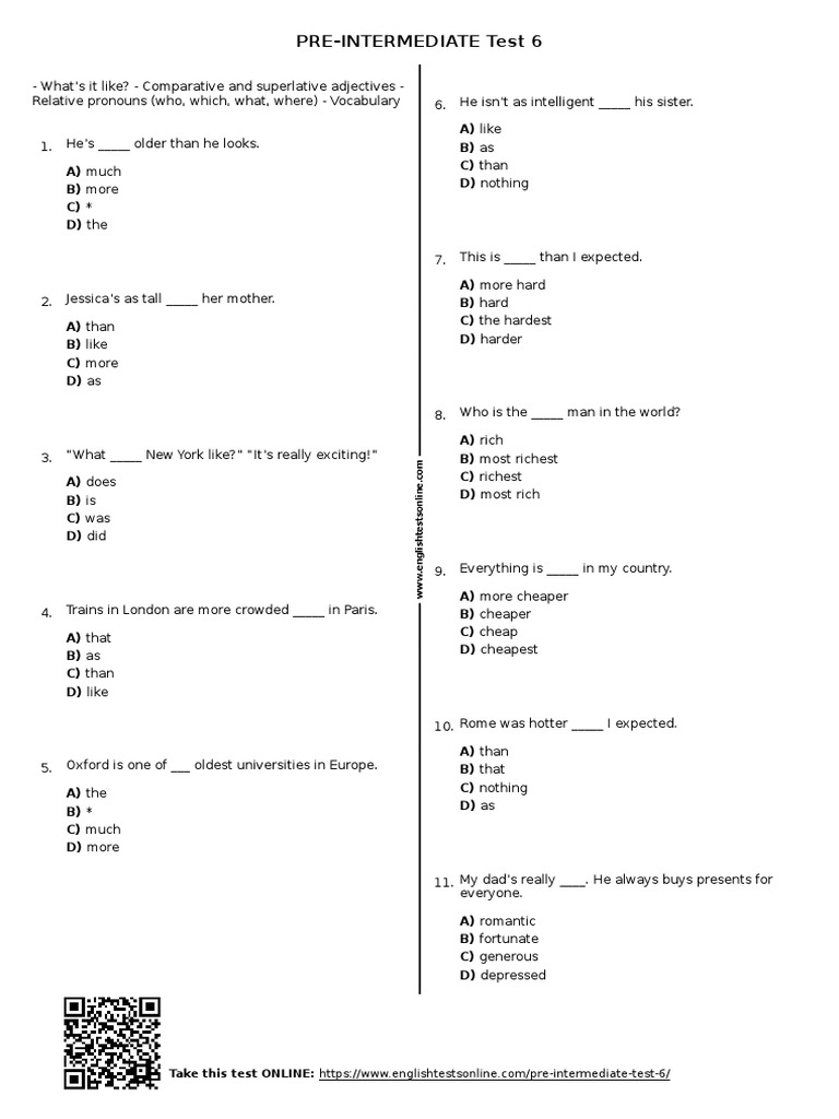 Pre-Intermediate Test 6 | PDF