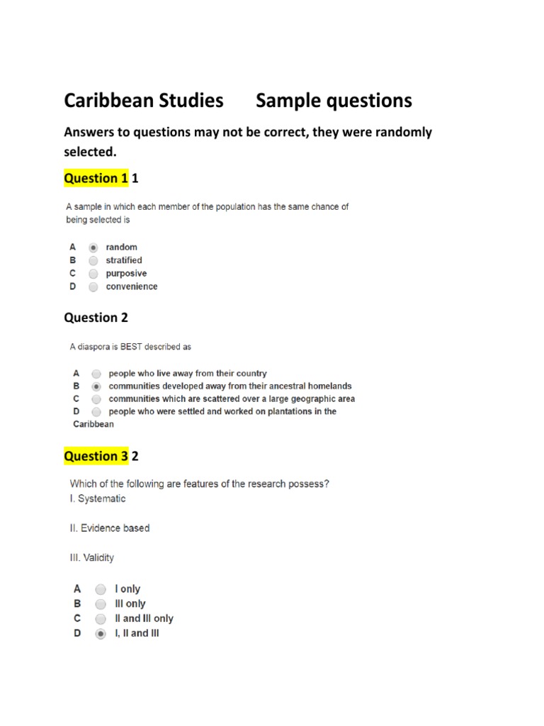 Caribbean Studies Sample Questions | PDF
