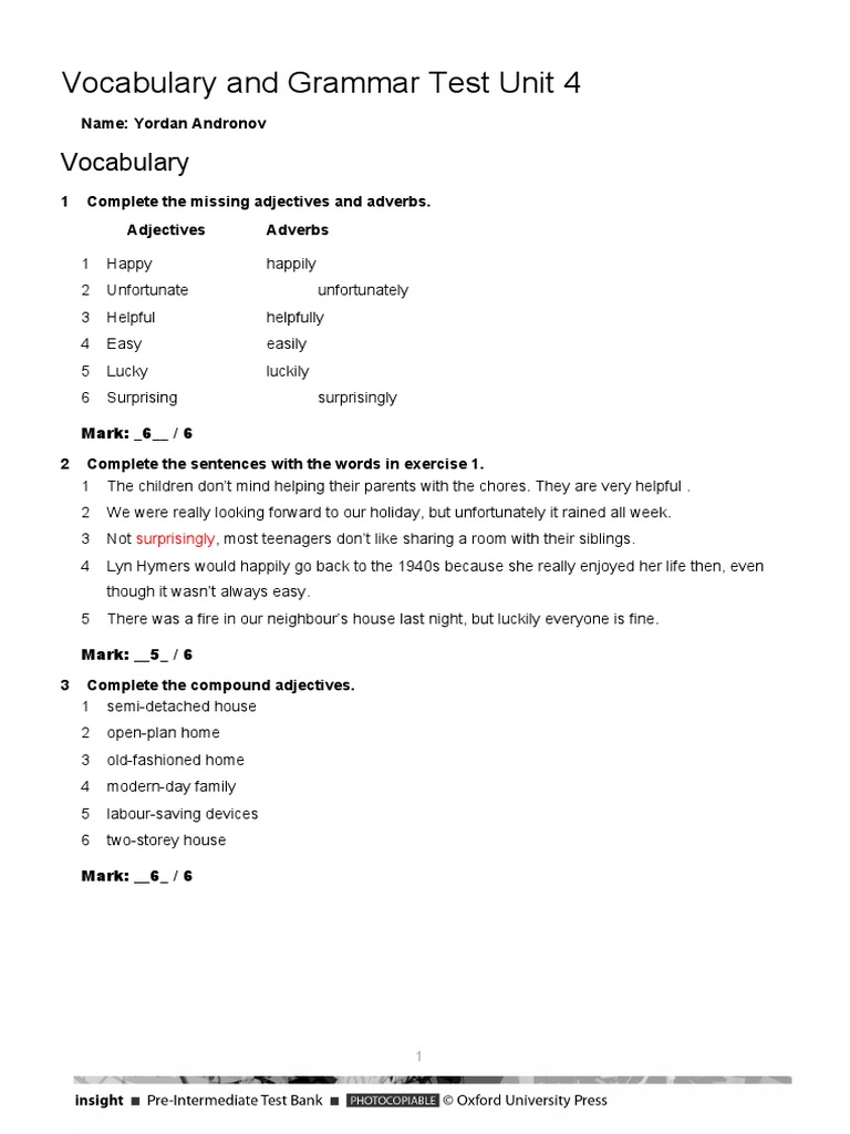 Vocabulary and Grammar Test Unit 4 | PDF