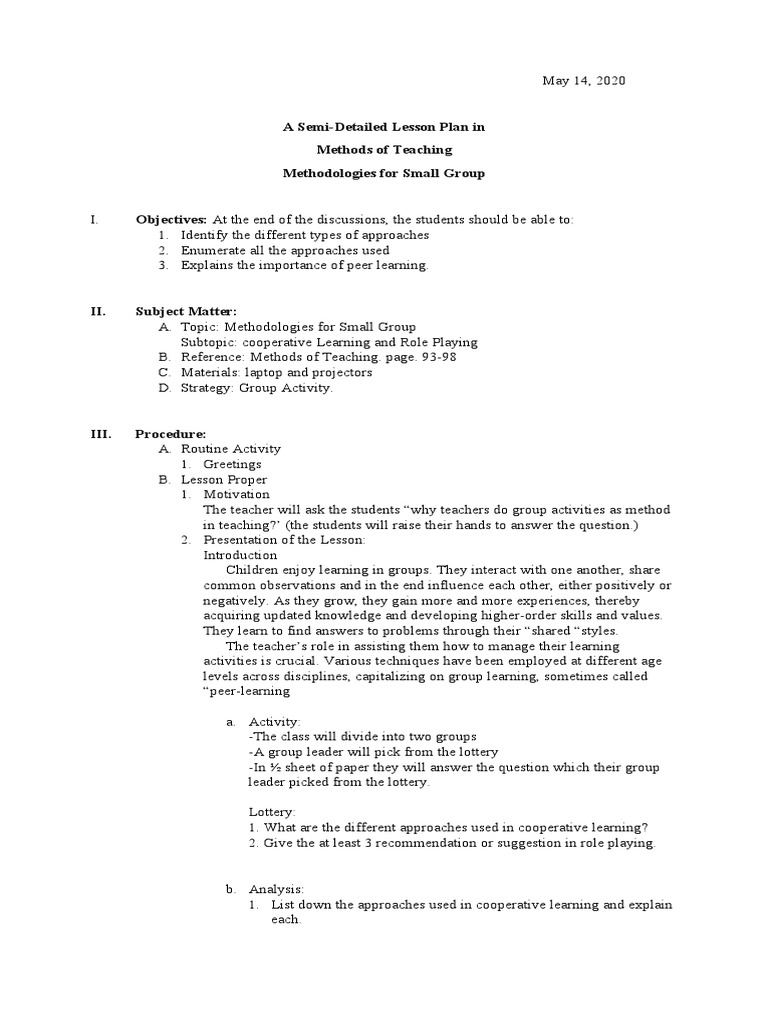 Lesson Plan in Methods of Teaching by Cha | PDF | Lesson Plan | Teachers