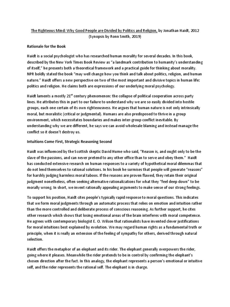 The Righteous Mind Synopsis | PDF | Morality | Reason