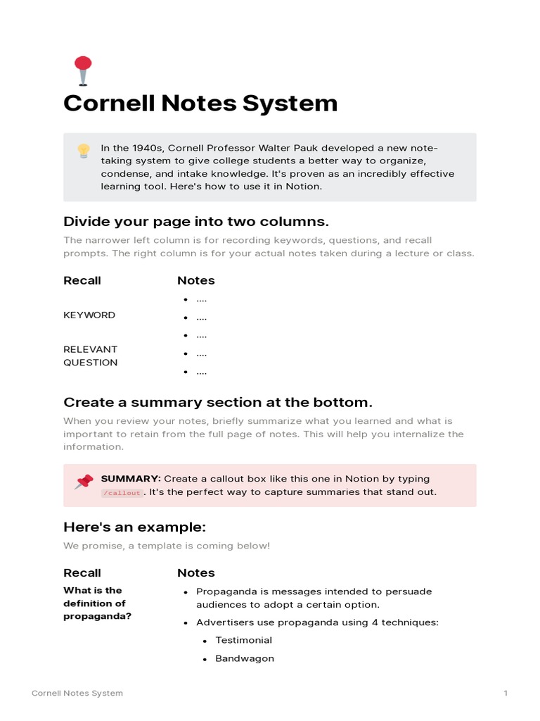 Cornell Notes System: Divide Your Page Into Two Columns | PDF ...