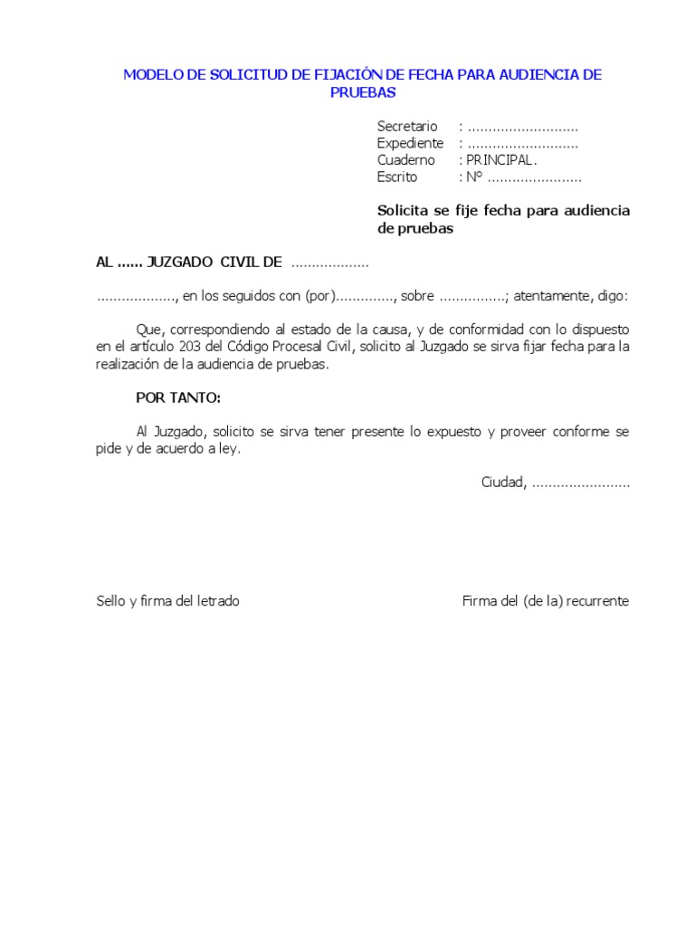 Modelo de Solicitud de Fijación de Fecha para Audiencia de Pruebas | PDF