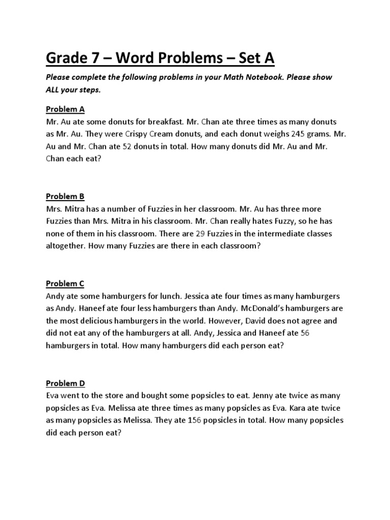 Grade 7 Solving Equations Word Problems | PDF