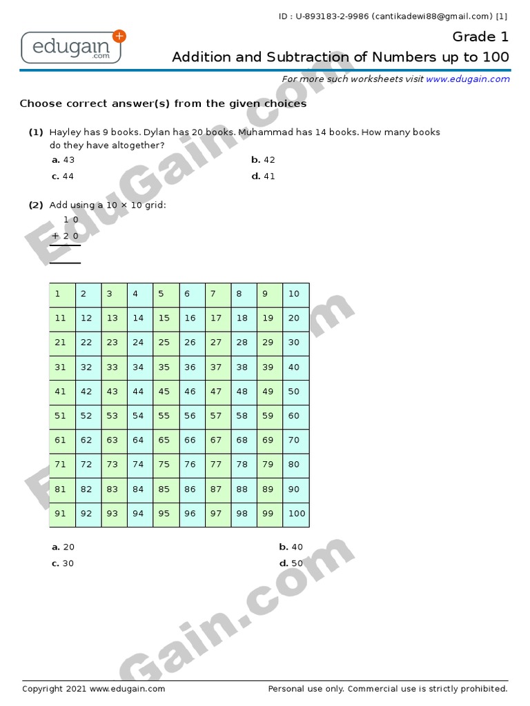 Grade 1 Addition and Subtraction of Numbers Up To 100: Choose Correct ...