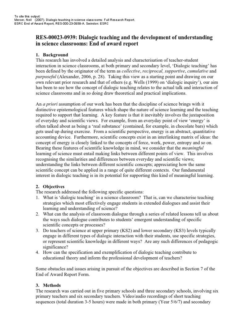 Dialogic Teaching in Science Classrooms - Neil Mercer | PDF | Teachers ...
