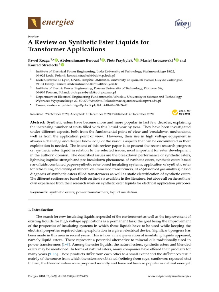 Energies: A Review On Synthetic Ester Liquids For Transformer ...