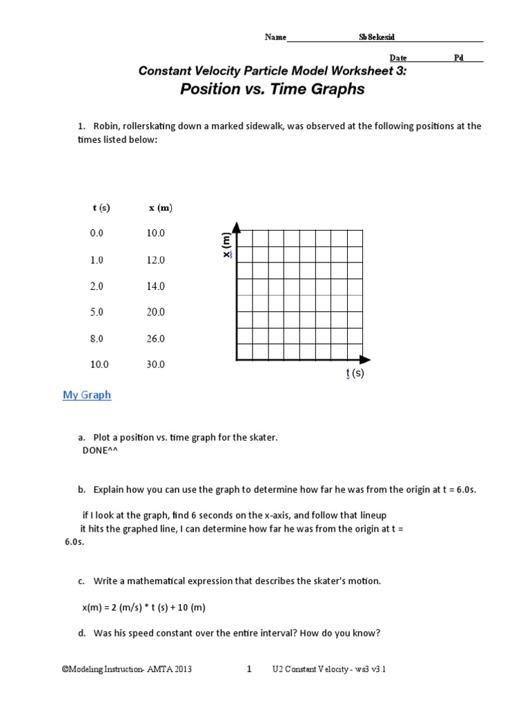 Position vs. Time Graphs: Constant Velocity Particle Model Worksheet 3 ...