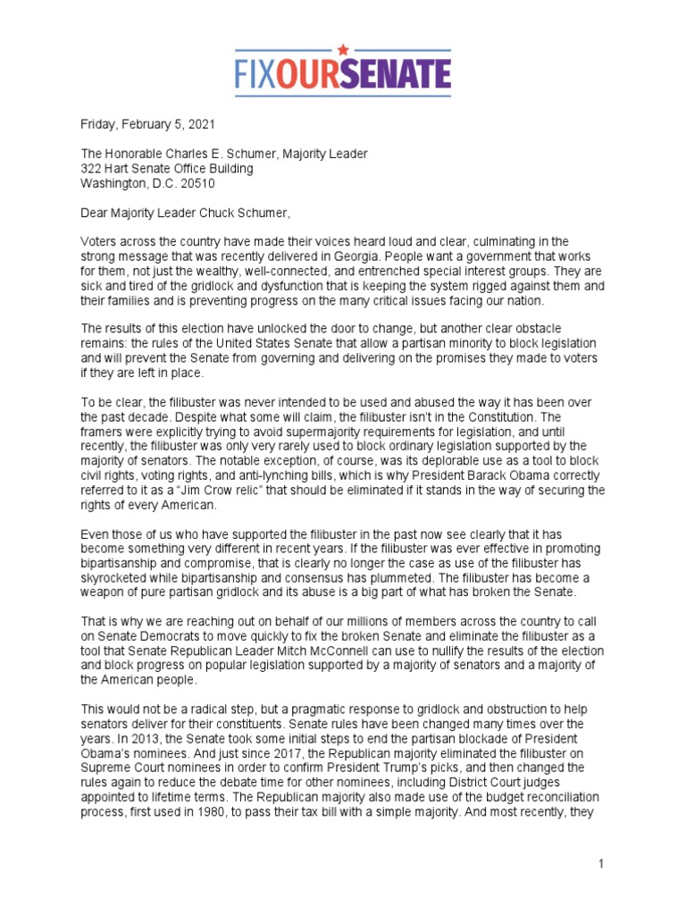 Filibuster Letter To Senate Majority Leader Chuck Schumer | PDF ...