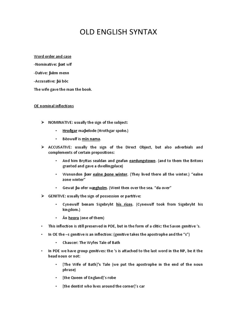 Old English Syntax: Hroðgar maϸelode (Hrothgar spoke.) | PDF | Verb ...