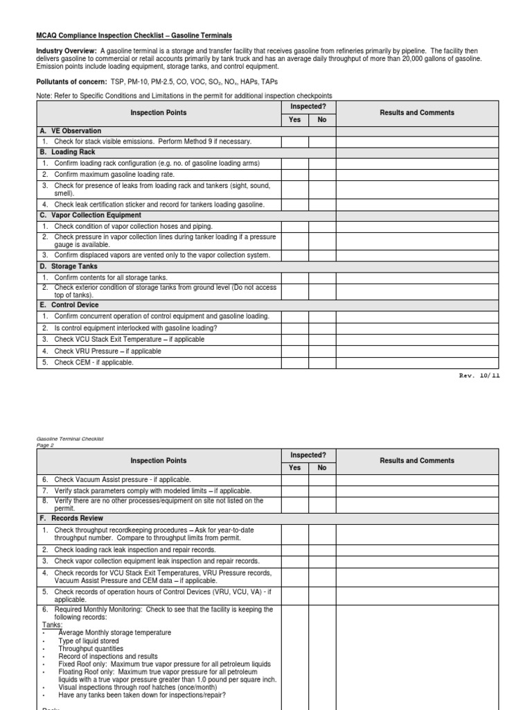 2017checklist - Gas Terminal Inspection | PDF | Gasoline | Oil Tanker