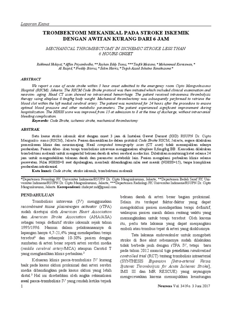 Trombektomi Mekanikal Pada Stroke Iskemik Dengan Awitan Kurang Dari 6 ...