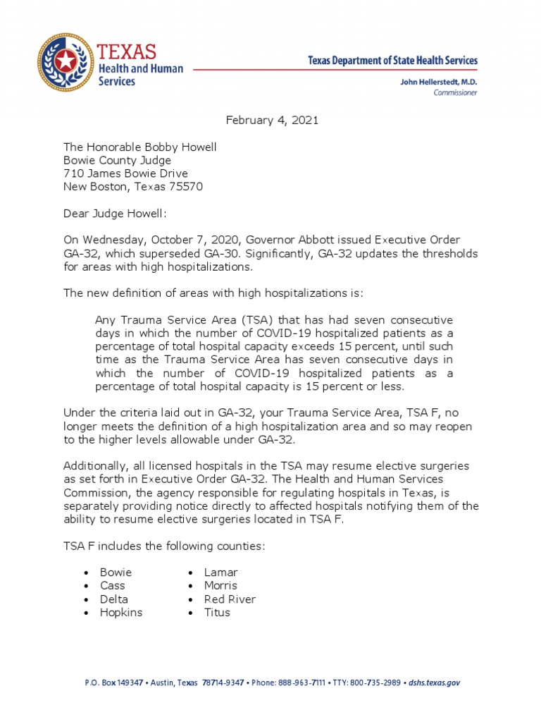 DSHS Letter To Bowie County Judge GA-32 Return To 75% Occupancy of ...