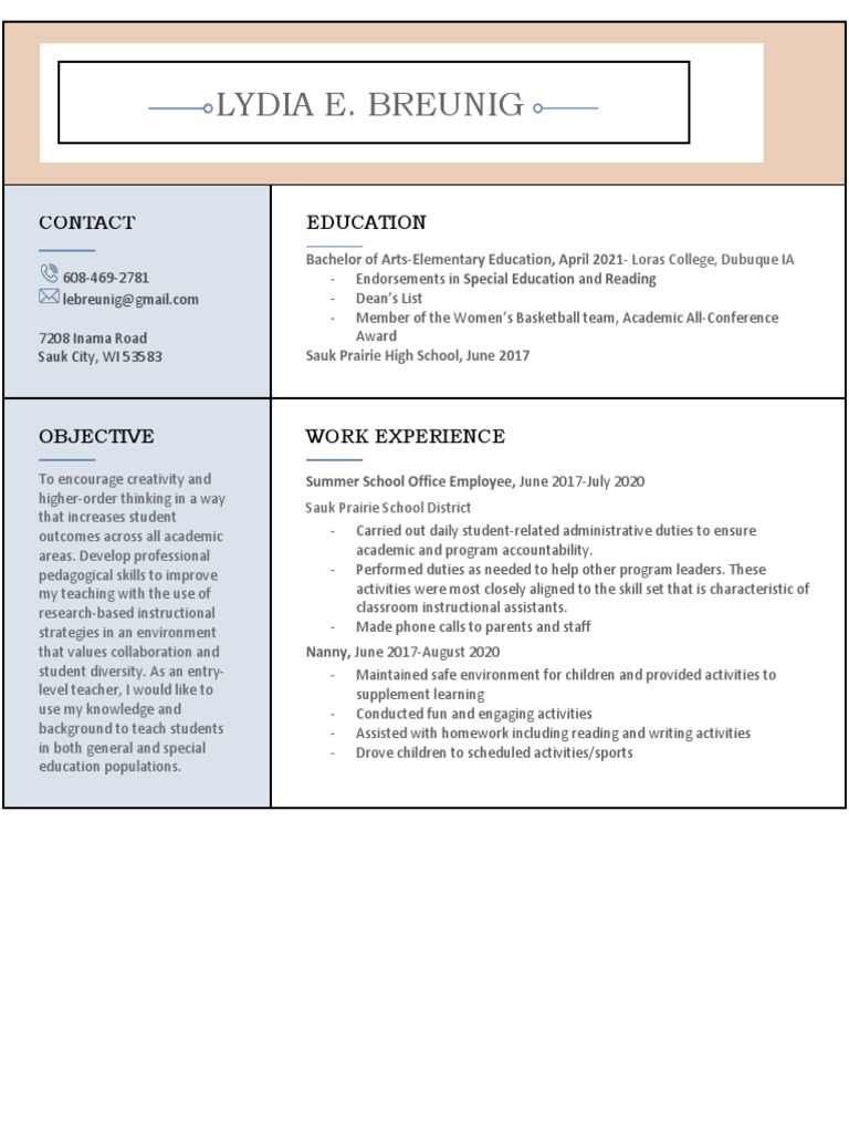 Lydia Breunig Resume | PDF | Individualized Education Program | Special ...