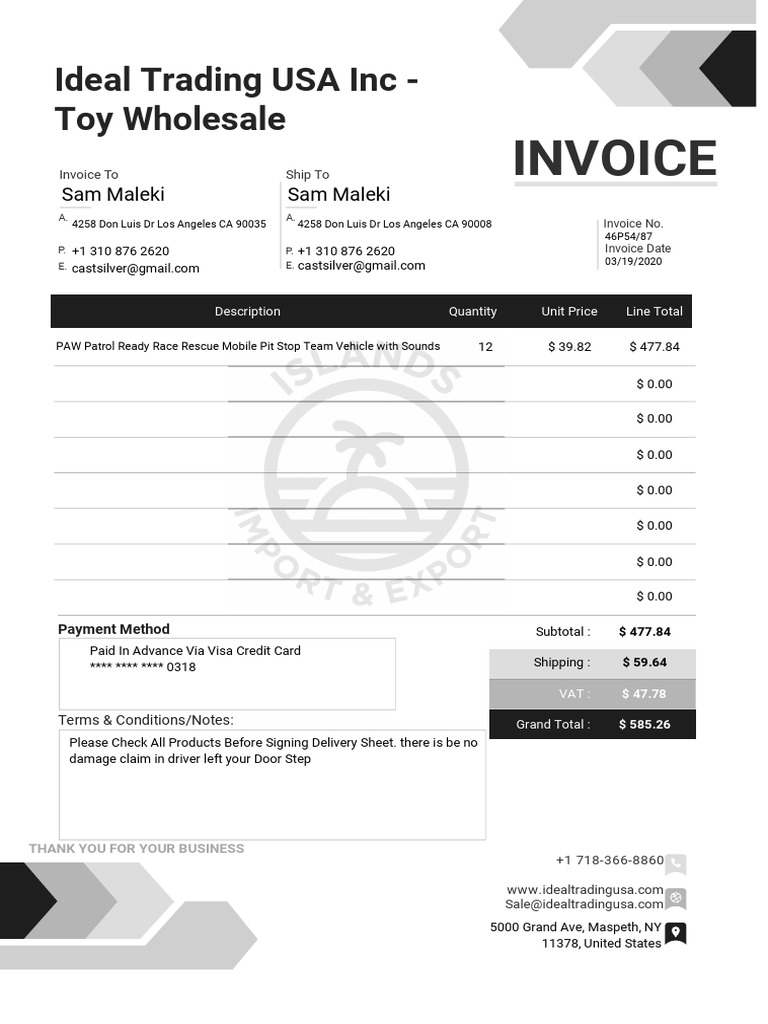 Invoice: Ideal Trading USA Inc - Toy Wholesale | PDF | Invoice | Payments