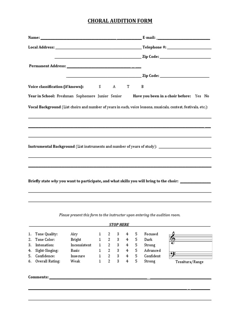 Choral Audition Form: Please Present This Form To The Instructor Upon ...