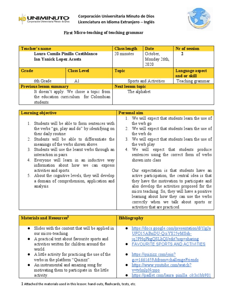 Micro-Teaching: Grammar in Sports Activities | PDF | English Language ...