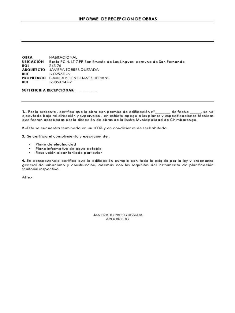 Informe de Recepcion de Obra Tipo | PDF
